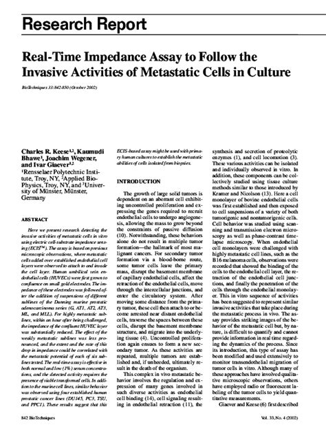 Pdf Real Time Impedance Assay To Follow The Invasive Activities Of