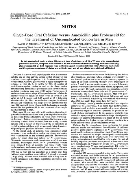 Single Dose Oral Cefixime Versus Amoxicillin Plus Probenecid For The Treatment Of Uncomplicated