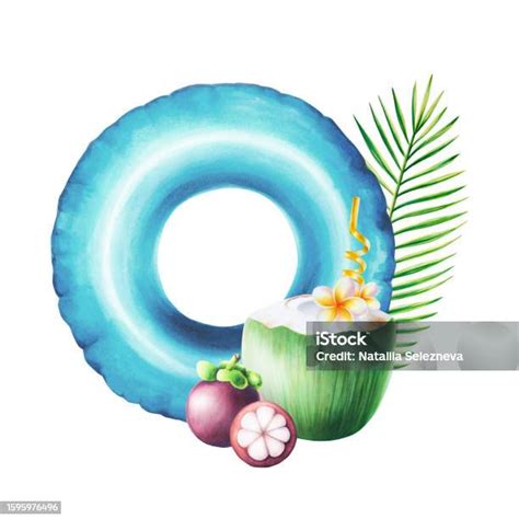 수채화 열대 해변 구성에는 프랜지파니 망고스틴 수영장 플로트 일러스트레이션이 있습니다 열대 과일은 흰색 배경에 분리되어 있다