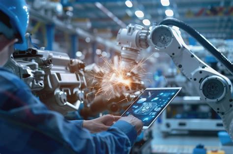 Premium Photo An Engineer Uses A Digital Tablet To Control A Robotic