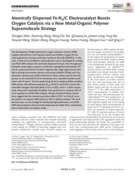 Pdf Atomically Dispersed Fe N X C Electrocatalyst Boosts Oxygen Catalysis Via A New Metal