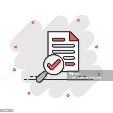 코믹 스타일의 조사 문서 계획 아이콘 리뷰 문 벡터 만화 일러스트 그림 그림 돋보기 루페 비즈니스 컨셉 스플래시 효과로 문서 거래 내역서에 대한 스톡 벡터 아트 및 기타