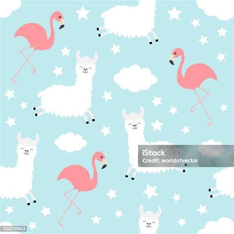 완벽 한 패턴입니다 알파 카 라마 플라밍고 하늘에 구름 별입니다 귀여운 만화 귀 엽 다 재미 웃는 아기 캐릭터 포장지 섬유 템플릿 보육 장식 파란색 배경입니다 플랫 0명에