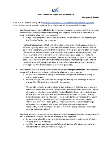 Module 3 Activity PSY 328 PSY 328 Module Three Activity Template Libbyann T Parker First