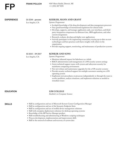 Systems Programmer Resume Samples Velvet Jobs