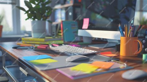 Premium Photo Modern Office Desk Setup With Keyboard Mouse And Sticky