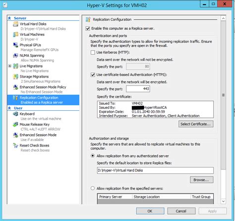 setup hyper v 2012 replica with certificate based authentication