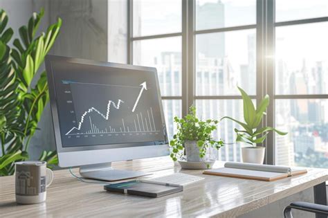 A Sleek Workspace Featuring A Computer Displaying Growth Charts And Greenery Illuminated By