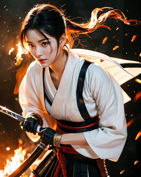 흰 기모노를 입고 불 앞에서 칼을 들고 있는 아라페드 여성 Seaart Ai