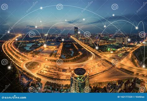 Smart City And Wireless Communication Network Concept Digital Network Connection Lines Of Hanoi