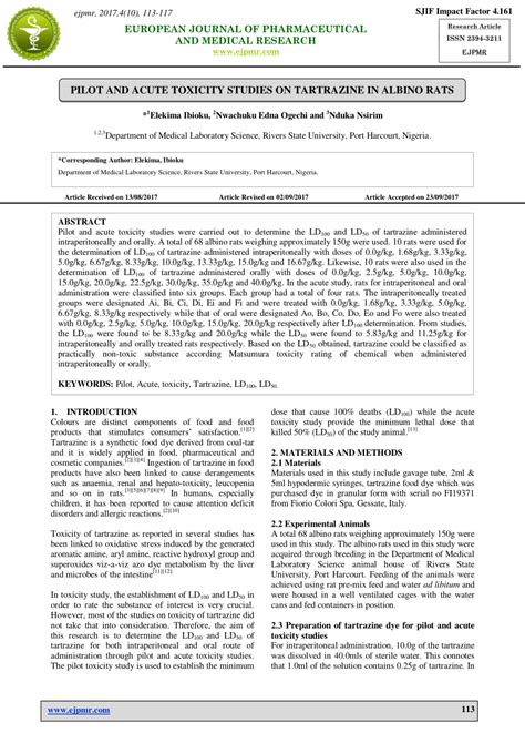 Pdf Pilot And Acute Toxicity Studies On Tartrazine In Albino Rats