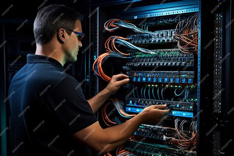 Premium Photo Technician Configuring Network Firewall Settings In A Server Room