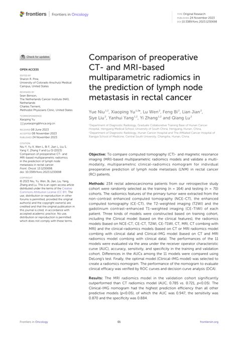 Pdf Comparison Of Preoperative Ct And Mri Based Multiparametric Radiomics In The Prediction