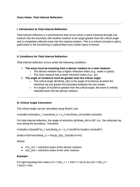 class notes total internal reflection pdf reflection physics