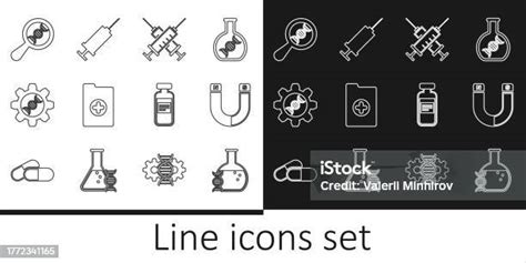 세트 라인 Dna 연구 검색 자석 교차 주사기 임상 기록 유전 공학 의료 바이알 앰플 및 주사기 아이콘 벡터 공학에 대한 스톡