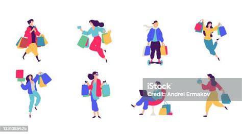 쾌활한 쇼핑객 캐릭터 일러스트 구매와 행복한 사람들 상품과 패키지를 가진 구매자 각 영웅은 흰색 배경에서 격리됩니다 소비자를위한 할인 및 블랙 프라이데이 가격에 대한 스톡