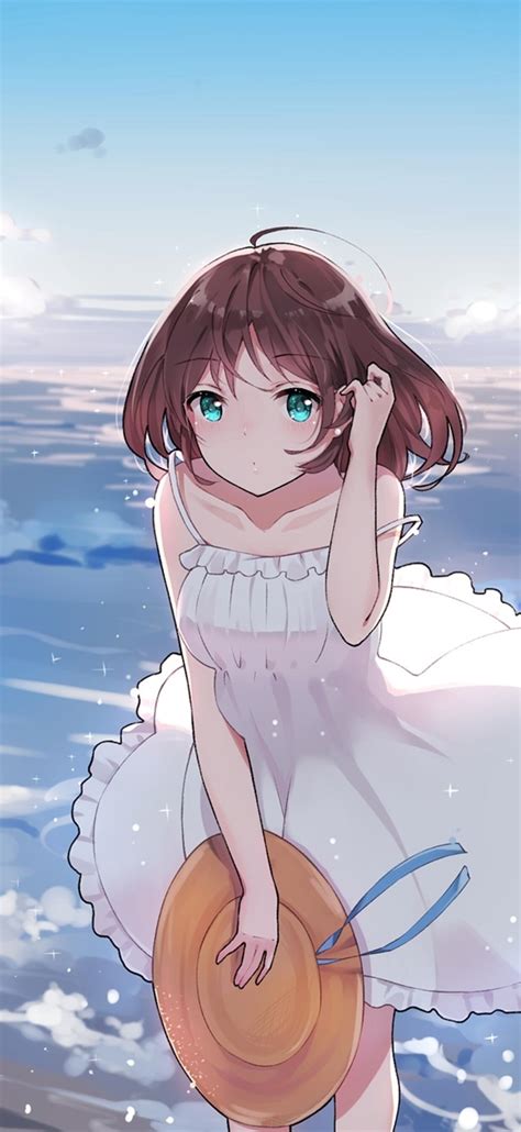 Аниме девушка в платье со шляпой о океана · 1242x2688 Iphone Xs Max бесплатная фотография от