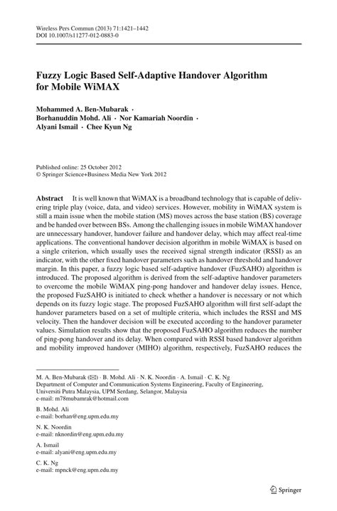 pdf fuzzy logic based self adaptive handover algorithm for mobile wimax