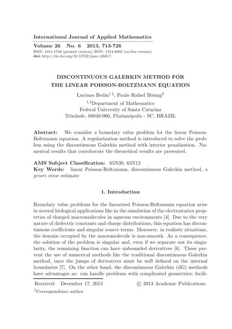 Pdf Discontinuous Galerkin Method For The Linear Poisson Boltzmann Equation