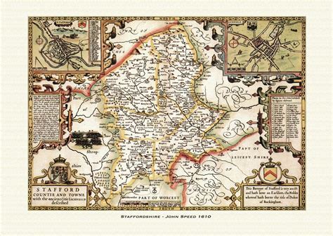Old Map Of Staffordshire Historic Map By John Speed Premium Quality Framed Or Unframed