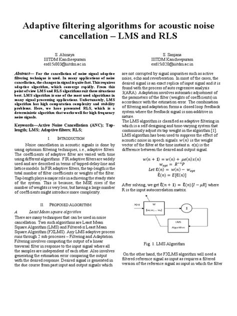 adaptive filtering algorithms for acoustic noise cancellation lms and