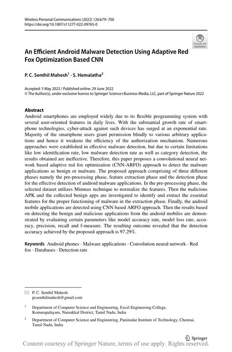 an efficient android malware detection using adaptive red fox
