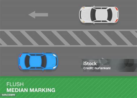 교통 규제 규칙 및 도로 표시 의미 고속도로의 교통 흐름에 대한 평면도입니다 페인트 칠한 섬 또는 플러시 중앙 도로 표시 의미 개체 그룹에 대한 스톡 벡터 아트 및 기타