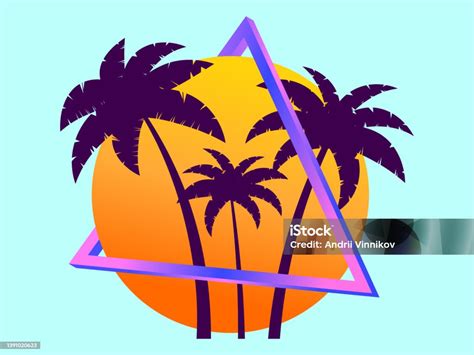 일몰에 80 년대 야자수 여름 시간 복고풍미래의 태양 신디웨이브와 레트로웨이브 스타일 광고 브로셔 배너 및 포스터 디자인 벡터 일러스트레이션 1980 1989 년에 대한