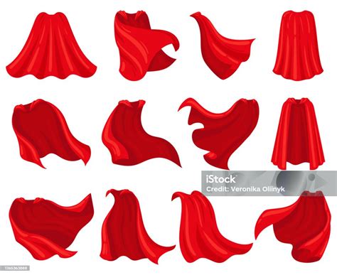 만화 슈퍼 히어로 빨간 망토 주홍 맨틀 망토 실크 슈퍼 히어로 망토 의상 주홍 영웅 케이프 벡터 일러스트 세트 슈퍼 히어로 빨간 섬유 망토 망토에 대한 스톡 벡터 아트 및