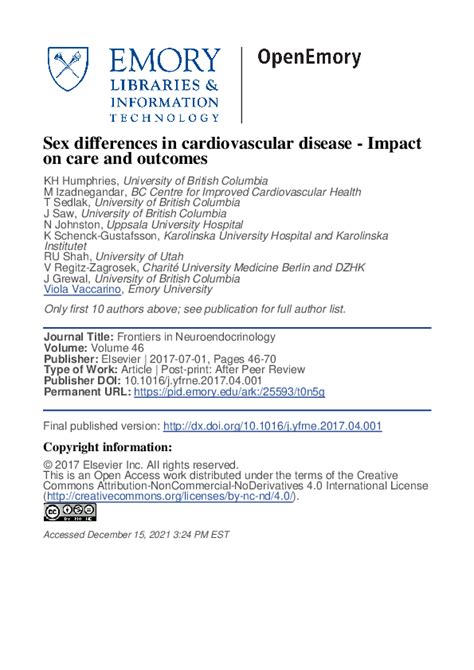 Pdf Sex Differences In Cardiovascular Disease Impact On Care And