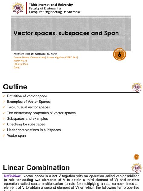 6 7 Vector Space Subspace Span Linear Independence Basis And Dimension Pdf Linear Subspace