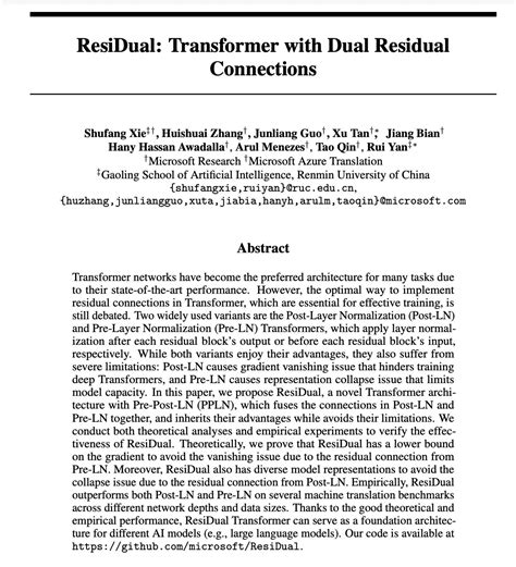 Ak On Twitter Residual Transformer With Dual Residual Connections