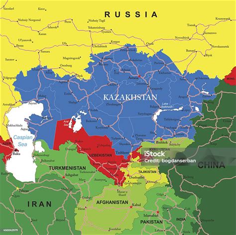 Map Of A Part Of The Asian Continent Centered In Kazakhstan Stock