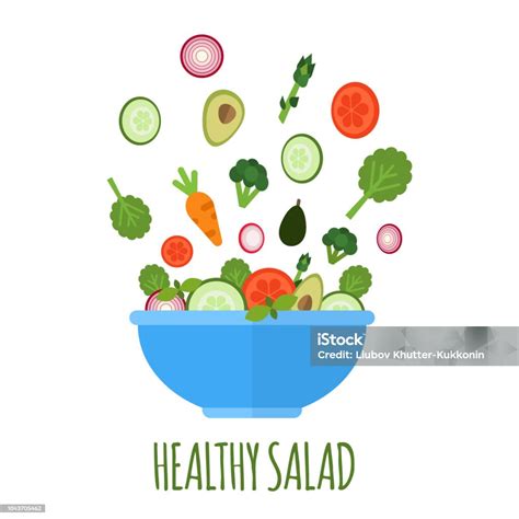 파란색 그릇에 신선한 야채와 함께 샐러드입니다 건강 한 샐러드 흰색 배경에 고립입니다 채식 메뉴입니다 평면 스타일에서 식품 개념입니다 벡터 일러스트 레이 션 개념에 대한