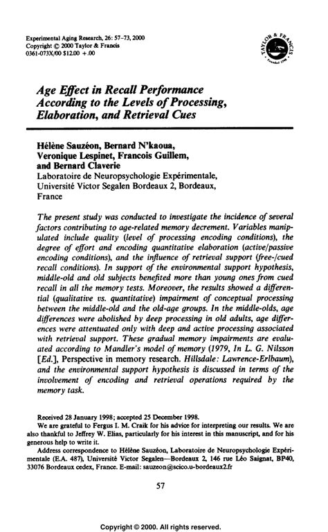 Pdf Age Effect In Recall Performance According To The Levels Of