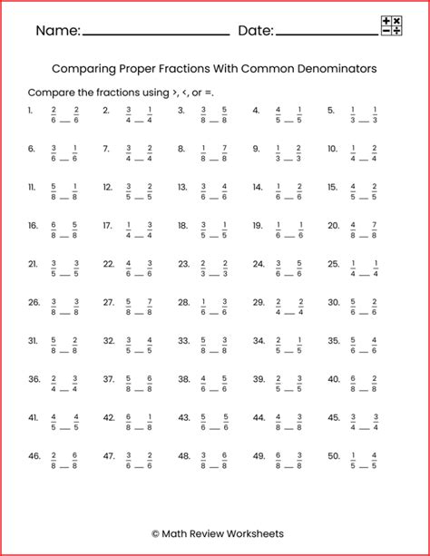 Comparing Proper Fractions With Common Denominators Math Review