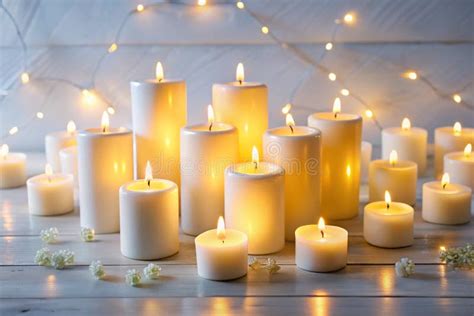Romantic Candlelight Setup With Burning White Candles Delicate Flowers