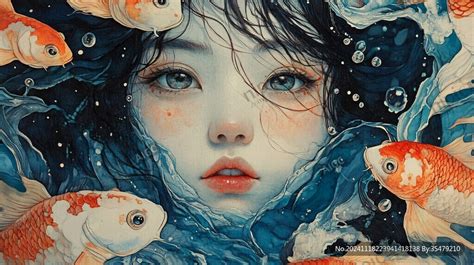 Ai创作图人物锦鲤插画 驾驭鱼的少女 海底世界唯美女孩 创意金鱼潮流插画 抱着锦鲤的女孩 美人殖鱼图 梦幻锦鲤装饰画 超写实插画 写实唯美插画 唯美双鱼 锦鲤之美流动的线条 唯美人鱼 鱼群中的