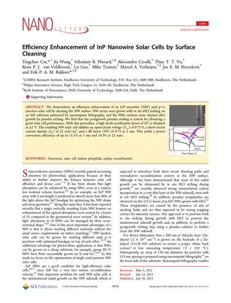PDF Efficiency Enhancement Of InP Nanowire Solar Cells By Surface Cleaning
