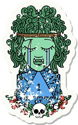 슬픈 오크 야만인 캐릭터 얼굴 자연 하나 D20 롤 그런 지 스티커 굴리기에 대한 스톡 벡터 아트 및 기타 이미지 굴리기