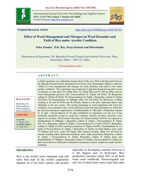 Pdf Effect Of Weed Management And Nitrogen On Weed Dynamics And Yield Of Rice Under Aerobic