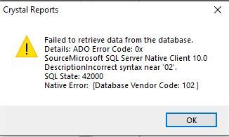 ADO Error Code X Issue In Crystal Reports With SQL Server Stack Overflow