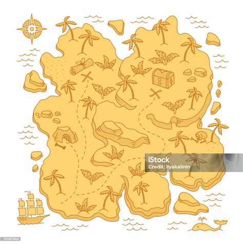 보물섬 해적 섬 모험 바다 선박 보드 게임 가슴지도 벡터 만화 선입니다 열린 경로입니다 편집 가능한 개요입니다 보물지도에 대한