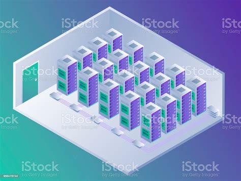 데이터 센터 및 클라우드 컴퓨팅 개념 합니다 웹사이트에 대 한 웹 페이지 디자인입니다 기술 클라우드 3d 등각 투영 벡터 일러스트 레이 션 3차원 형태에 대한 스톡 벡터