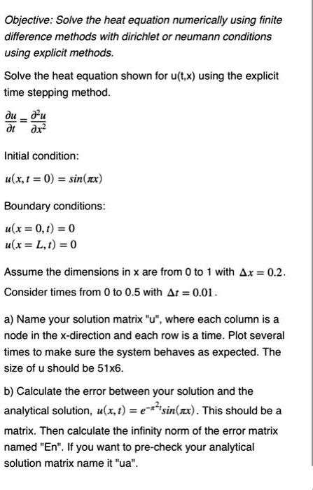 GET ANSWER Objective Solve The Heat Equation Numerically Using Finite Difference Methods With