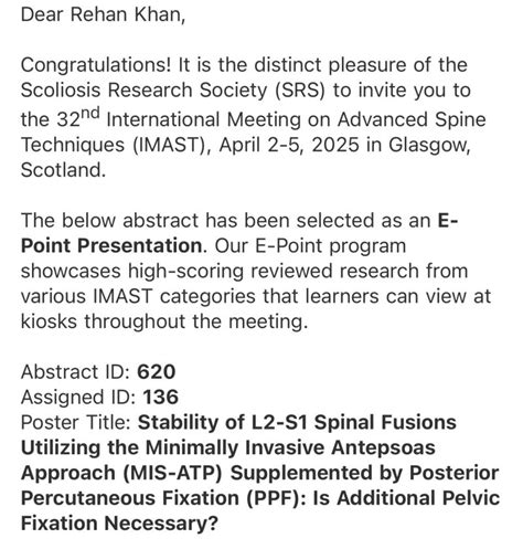 Rehan Khan On Linkedin Excited To Be Able To Share Our Work With The Scoliosis Research Society