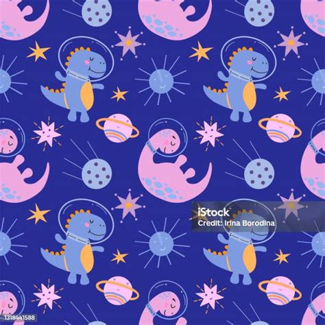 우주에서 귀여운 공룡과 원활한 패턴 파란색 배경 벡터 그래픽 포장지 섬유 어린이 의류 커버 프린트 머그컵 노트북 포장지용 0명에 대한 스톡 벡터 아트 및 기타 이미지