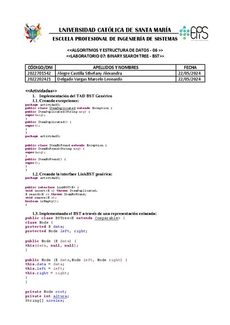 Lab Aed Practica De Algoritmos Universidad Cat Lica De Santa Mar A Escuela Profesional