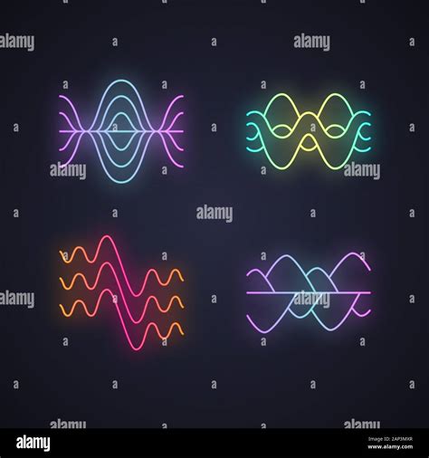 Sound Waves Neon Light Icons Set Glowing Signs Vibration Noise Amplitude Levels Soundwaves