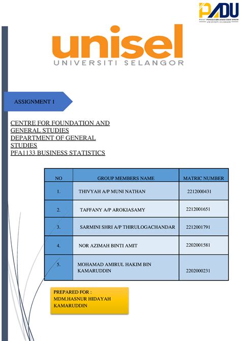 statistic assignment 1 no group members name matric number 1 thivyah